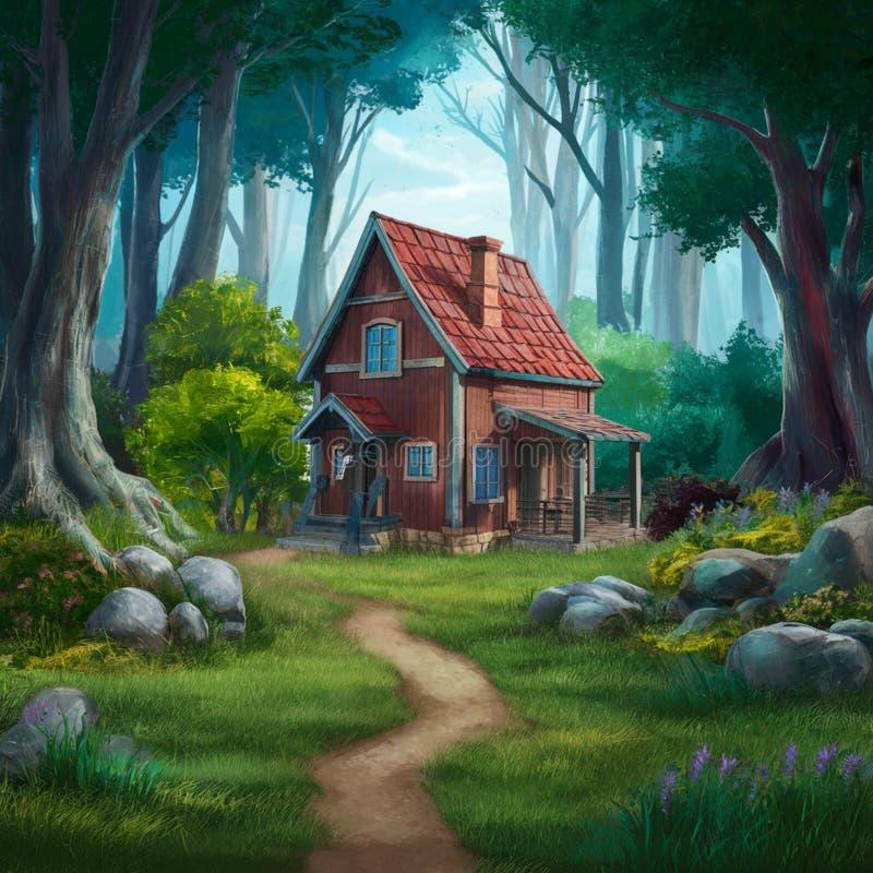 Idyllic Deep Forest with House, Trees, Flowers, and Grass Stock ...