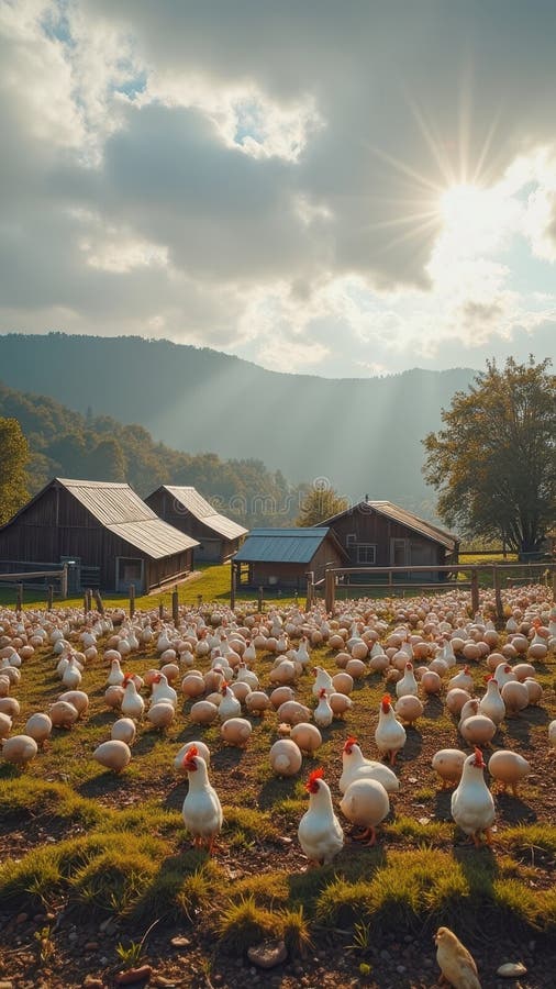 Idyllic Farm Landscape with Chickens and Ducks Under Morning Sunlight ...