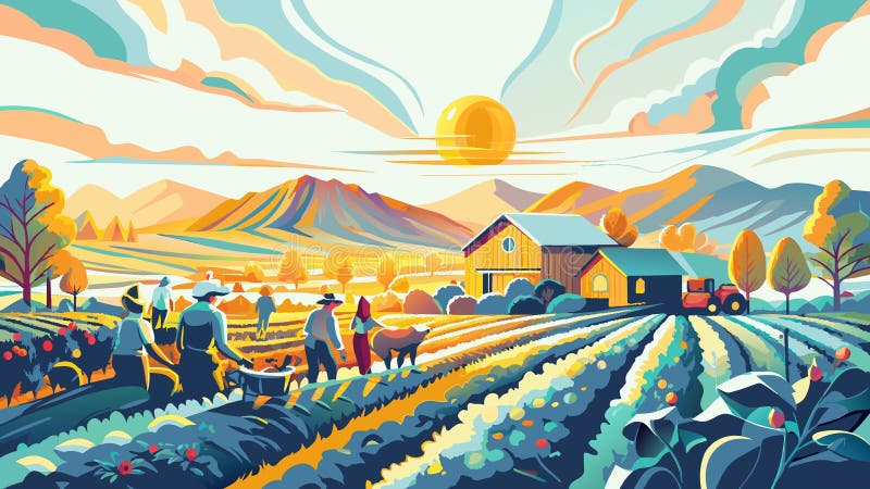 Idyllic Farm Life: Sunset Harvest with Workers and Tractor in Fields ...