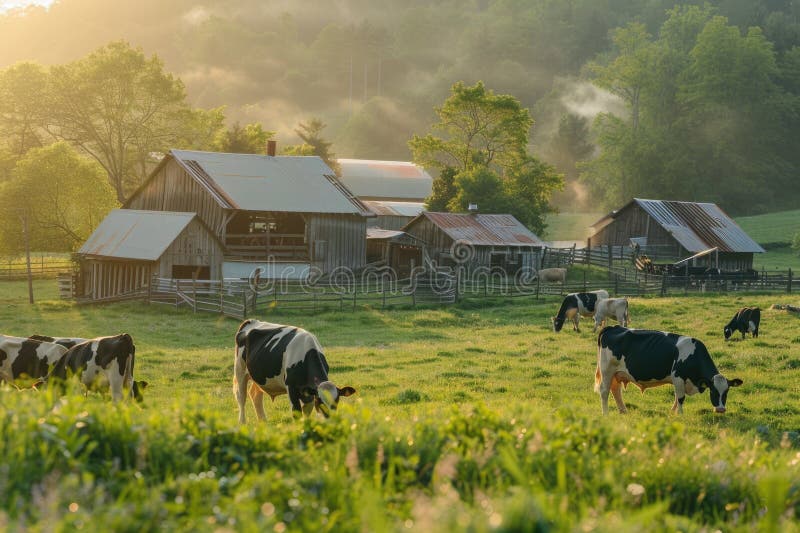 Idyllic Farm Morning with Grazing Cows and Rustic Barns AI Stock Photo ...