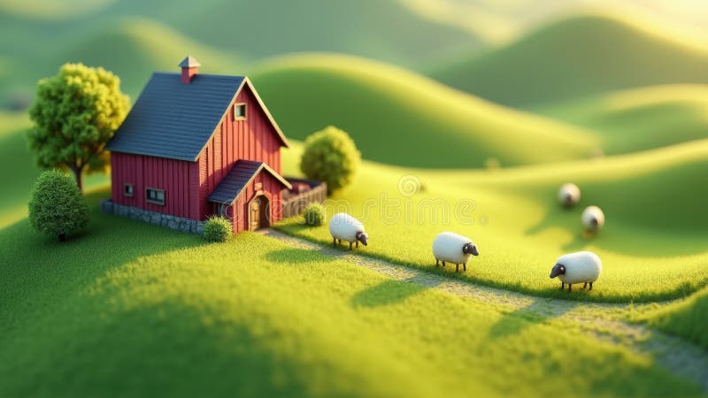 Idyllic Farm Scene with Sheep and Red Barn Stock Illustration ...