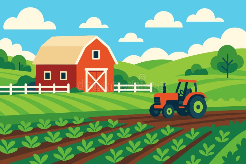 Idyllic Farm Scene with Tractor and Red Barn Stock Vector ...