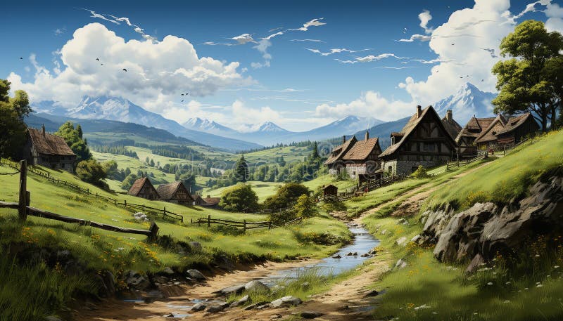 Idyllic Farmhouse Nestled in a Tranquil Meadow, Surrounded by Mountains ...