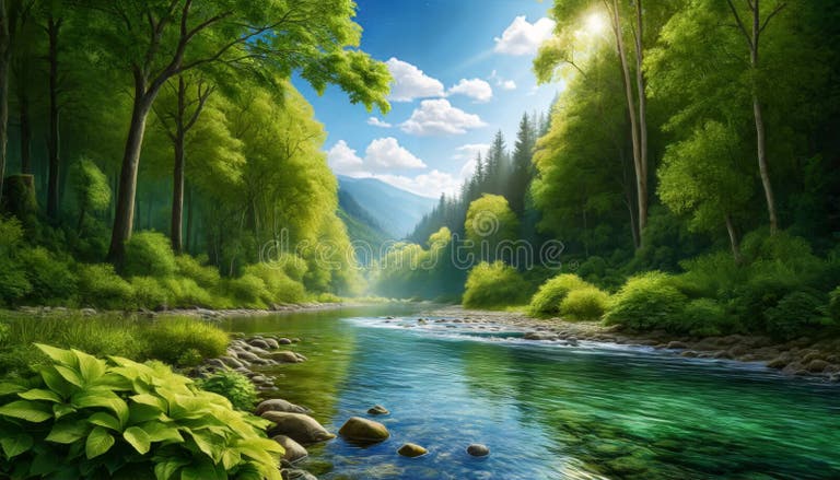 Idyllic Forest Stream Surrounded by Lush Greenery and Light Rays ...