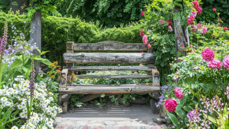 Idyllic Garden Bench Surrounded by Lush Flowers and Greenery Stock ...
