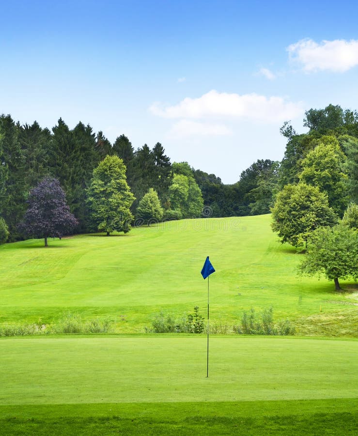 Idyllic Golf Course with Forest and Golf Flag Stock Photo - Image of ...