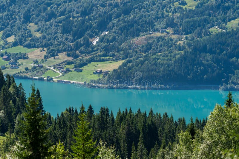 Idyllic green lake at Flo stock image. Image of norwegian - 218626619