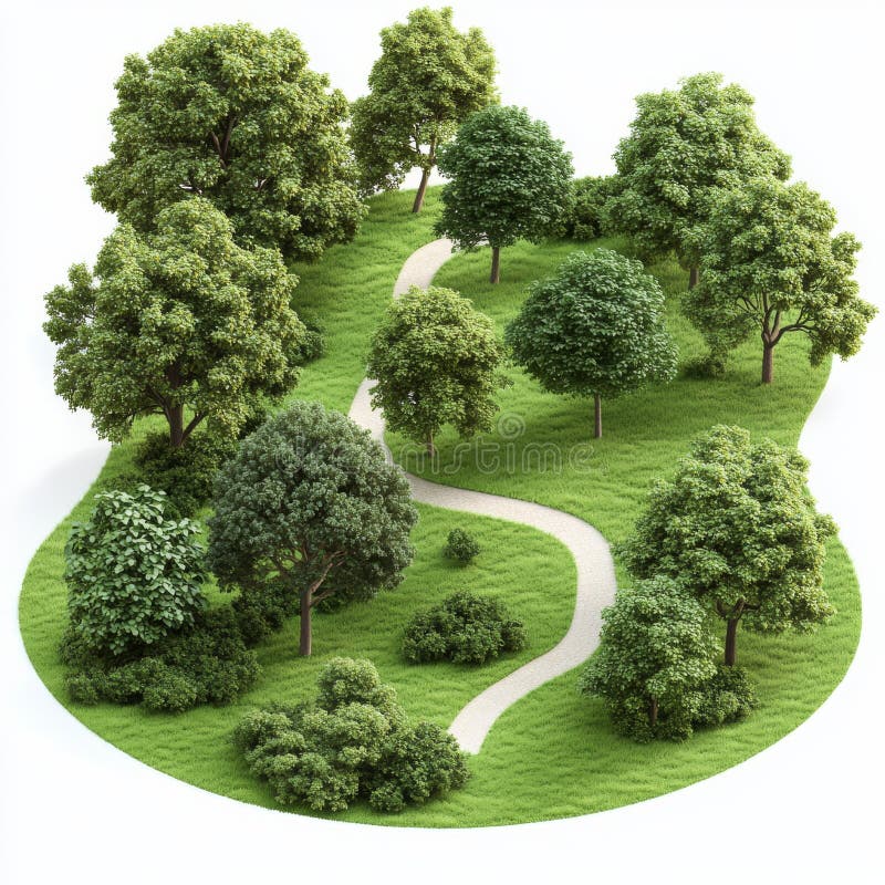 An Idyllic Green Park with a Curved Pathway and Seating Areas Stock ...