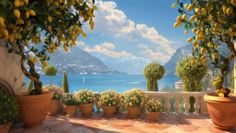 Idyllic Lake View from Mediterranean Terrace with Lemon Trees Stock ...