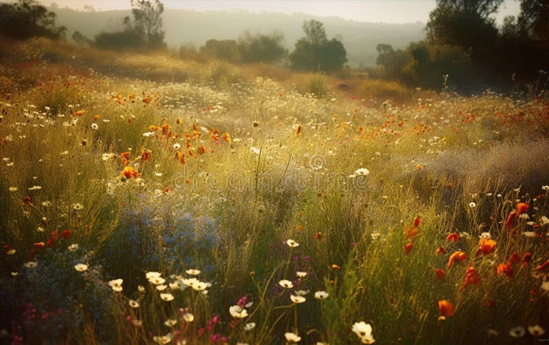 Idyllic Landscape Featuring a Wide Open Field of Wildflowers, AI ...