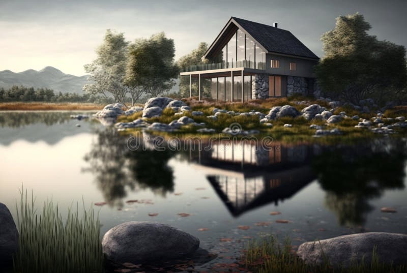 Idyllic Landscape with House Near the Lake Stock Illustration ...