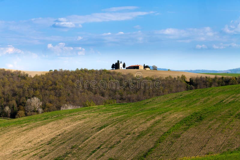 Idyllic Landscape with Lonely Farm Stock Photo - Image of green, clouds ...