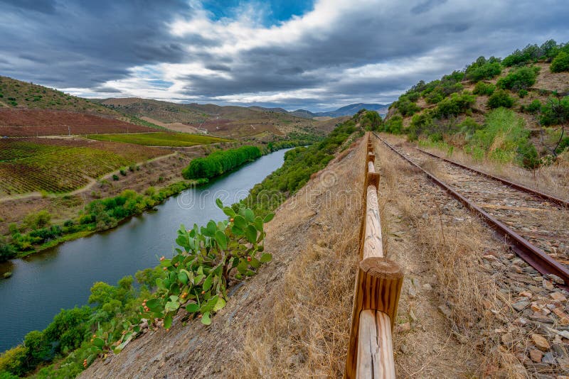 Idyllic Landscape of Old Train Line beside the Douro River. Stock Image ...