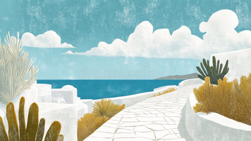 Idyllic Mediterranean Seaside Path with Whitewashed Architecture and ...