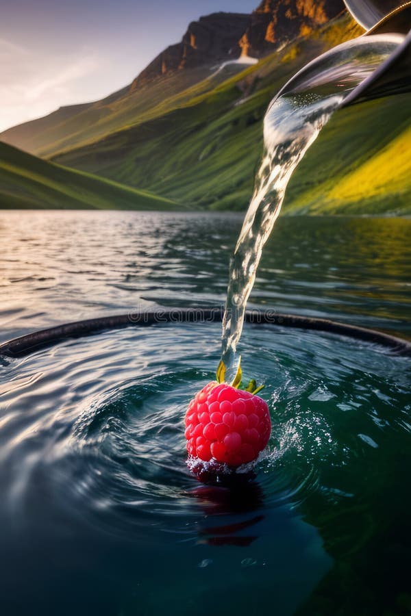Splash Water Aggregate Raspberry Fruit Surrounded by a Cascade of Pure ...