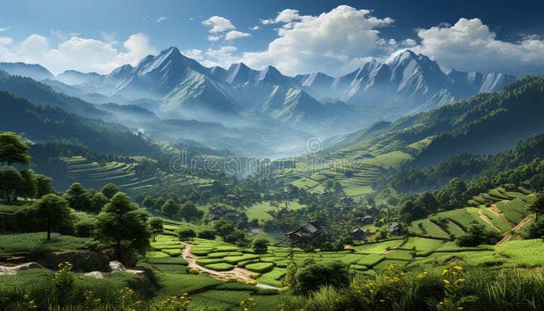 Idyllic Mountain Landscape, Green Meadow, Farm, and Tranquil Rice Paddy ...