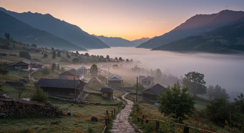 Idyllic Mountain Sunrise Over Misty Valley Village with Rustic Cabins ...