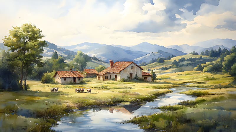 Idyllic Mountain Valley Farm Scene, Sheep Grazing, River, Postcard ...