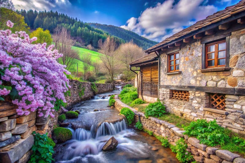 Idyllic Mountain Village Stream, Stone House, Spring Blossoms Stock ...