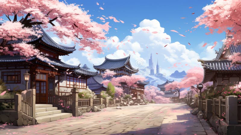 Idyllic Old Japan Street in Spring, Cherry Blossoms Stock Illustration ...