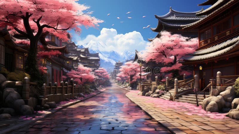 Idyllic Old Japan Street in Spring, Cherry Blossoms Stock Illustration ...