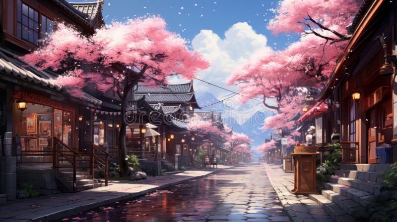 Idyllic Old Japan Street in Spring, Cherry Blossoms Stock Illustration ...