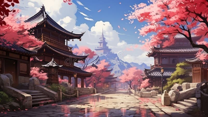 Idyllic Old Japan Street in Spring, Cherry Blossoms Stock Illustration ...
