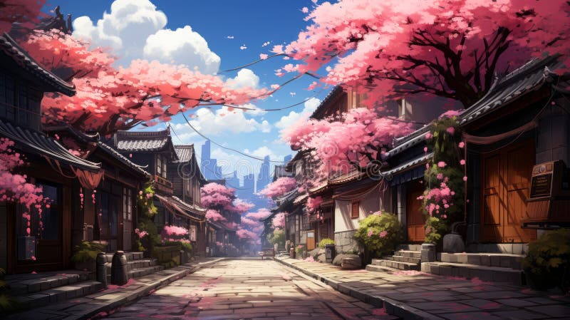 Idyllic Old Japan Street in Spring, Cherry Blossoms Stock Illustration ...