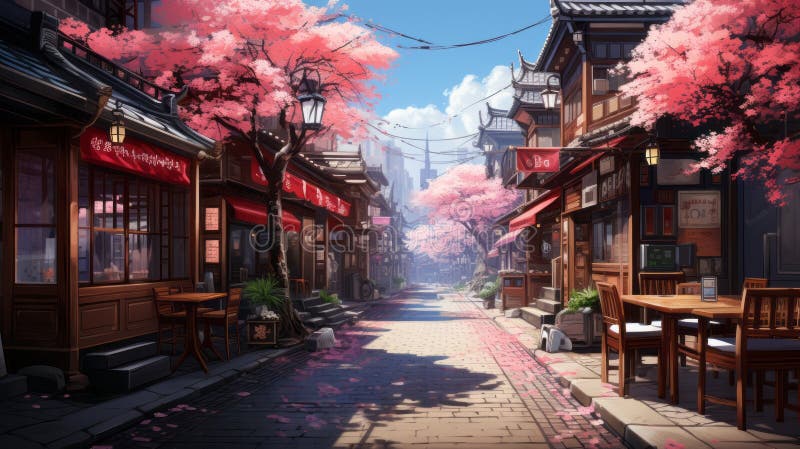 Idyllic Old Japan Street in Spring, Cherry Blossoms Stock Illustration ...