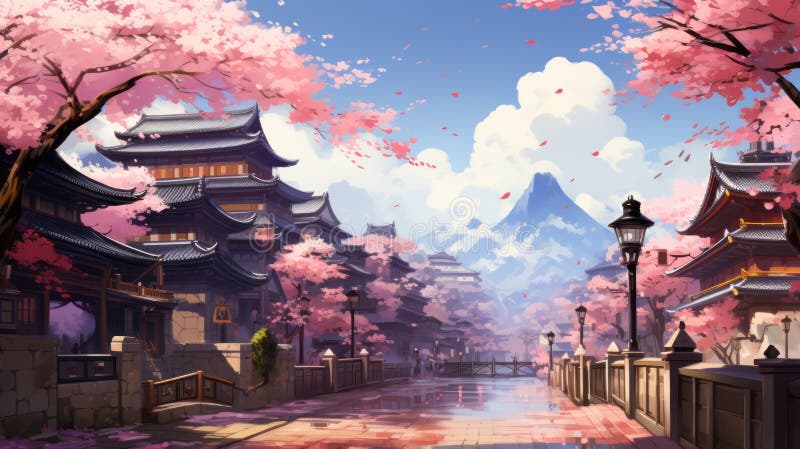 Idyllic Old Japan Street in Spring, Cherry Blossoms Stock Illustration ...