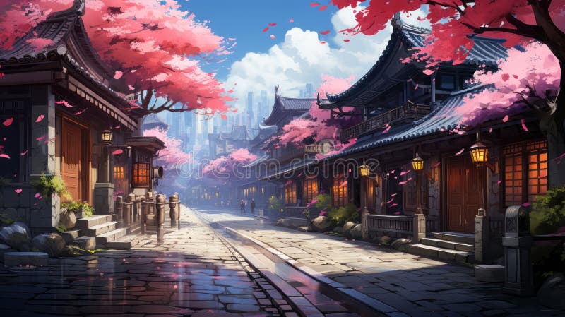 Idyllic Old Japan Street in Spring, Cherry Blossoms Stock Illustration ...