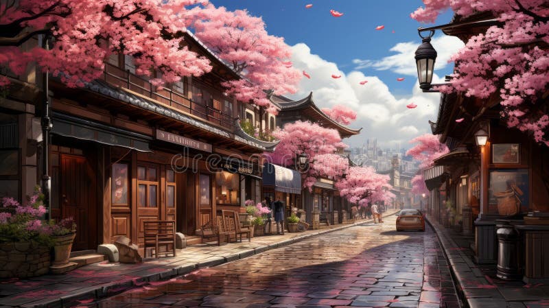 Idyllic Old Japan Street in Spring, Cherry Blossoms Stock Illustration ...