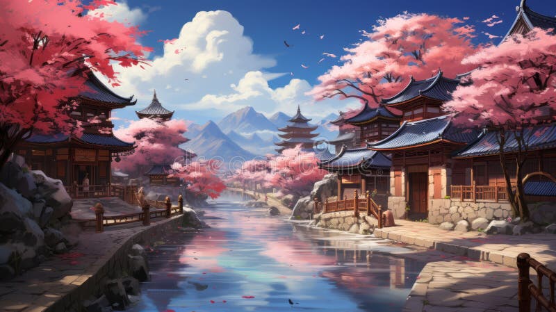Idyllic Old Japan Street in Spring, Cherry Blossoms Stock Illustration ...