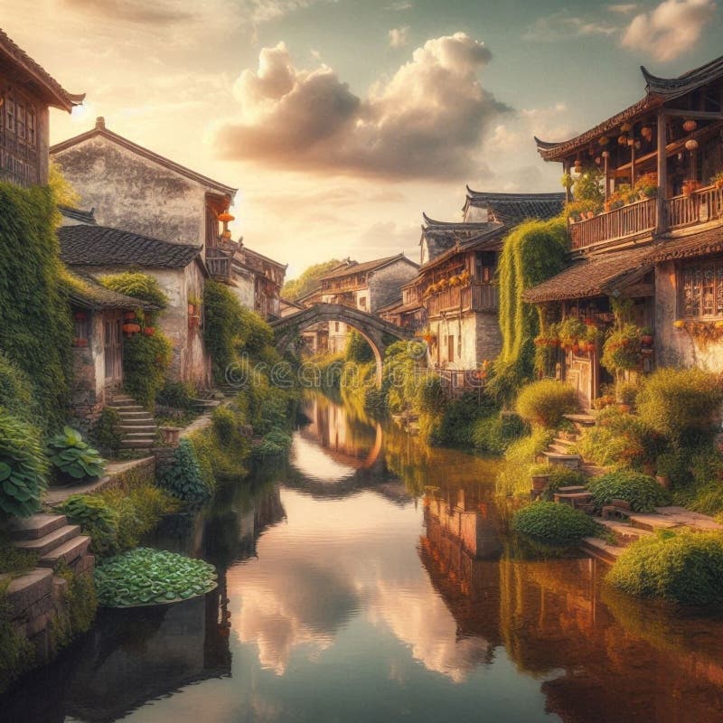 Idyllic Old Rustic Village Landscape on Green Vegetation Walls with a ...