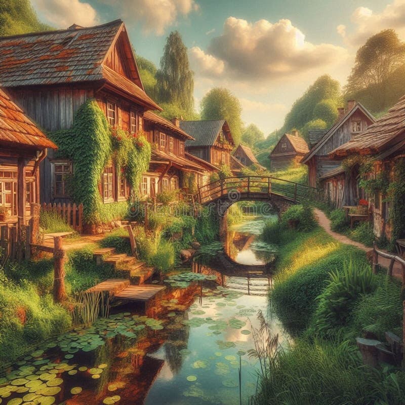 Idyllic Old Rustic Village Landscape on Green Vegetation Walls with a ...