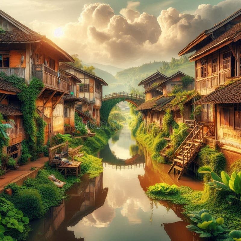 Idyllic Old Rustic Village Landscape on Green Vegetation Walls with a ...