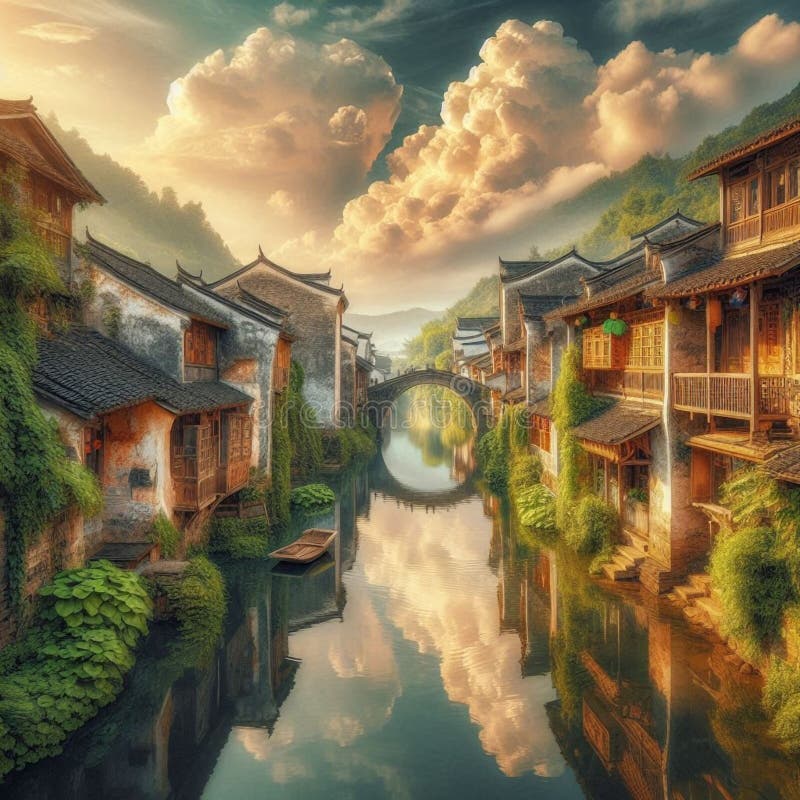 Idyllic Old Rustic Village Landscape on Green Vegetation Walls with a ...