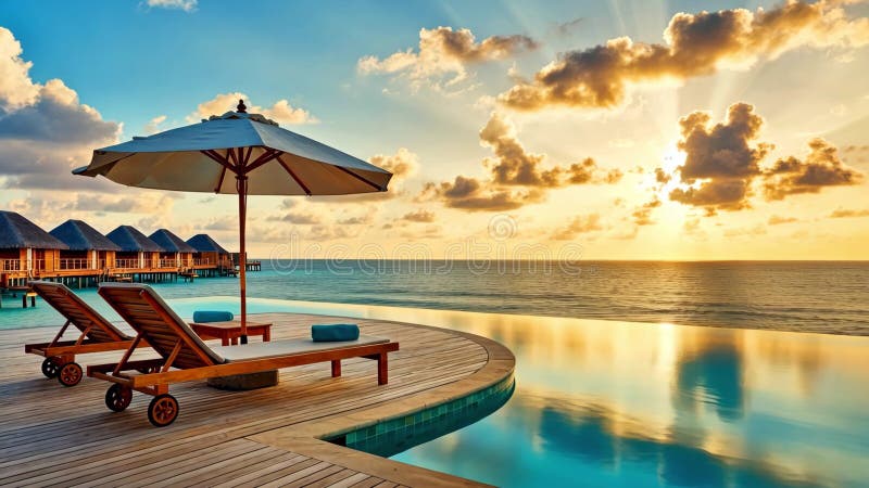Idyllic Overwater Bungalows at Sunrise with Infinity Pool and Loungers ...