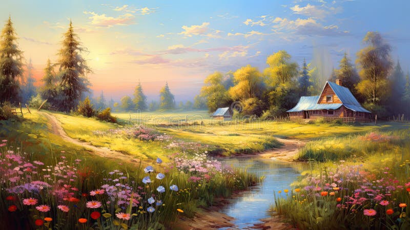 An Idyllic Picture of a Summer Village, Ai Generative Stock ...