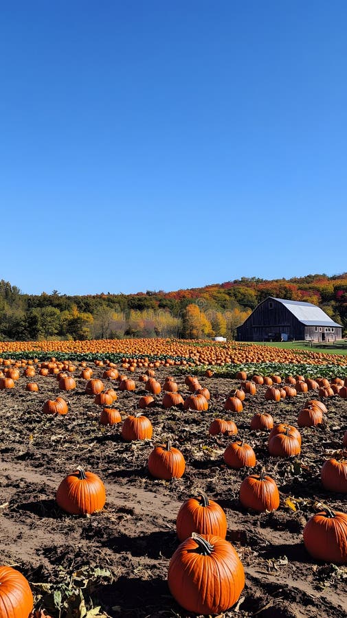 Idyllic Pumpkin Patch Filled with Vibrant Pumpkins Under a Bright Blue ...
