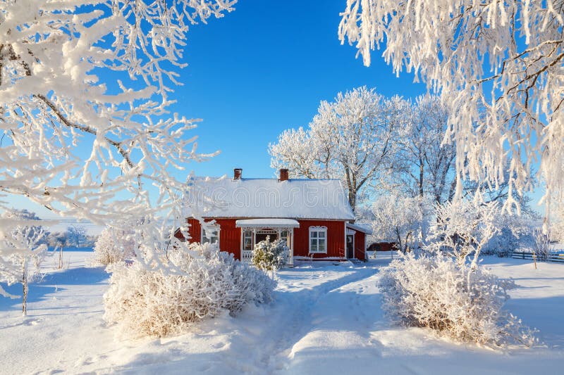Idyllic Red Cottage in a Beautiful Winter Landscape Stock Photo - Image ...
