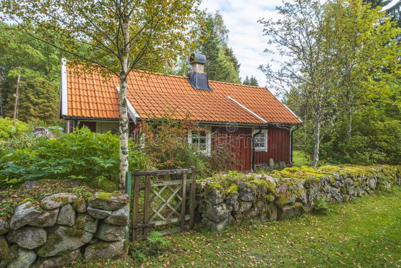 Red Idyllic Cottage in a Forest Lake and Fog Stock Image - Image of ...