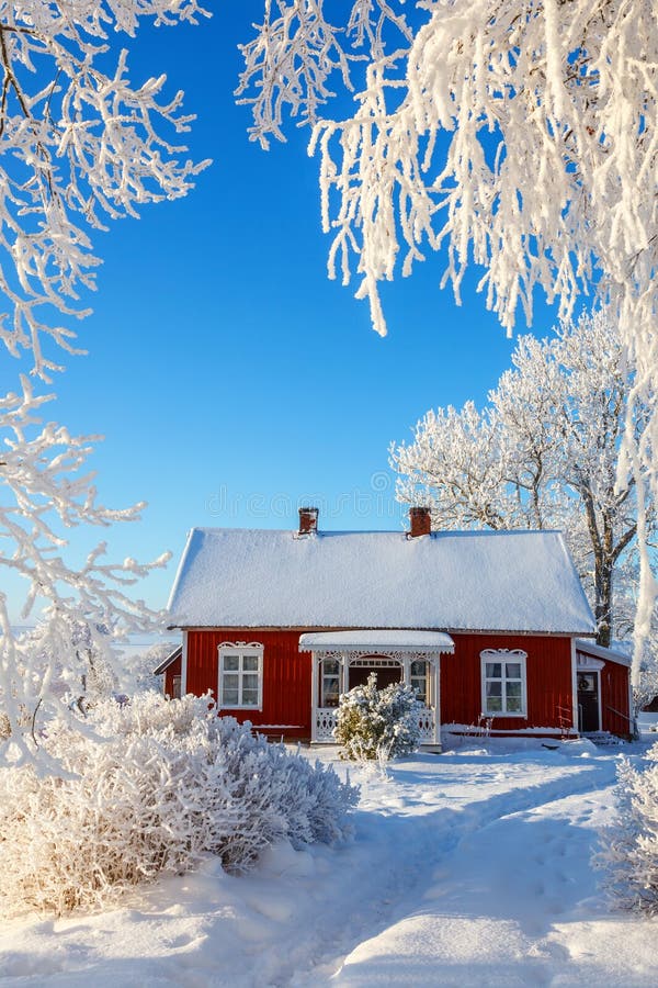 Idyllic Red House in a Cold Snowy Garden Stock Image - Image of idyllic ...