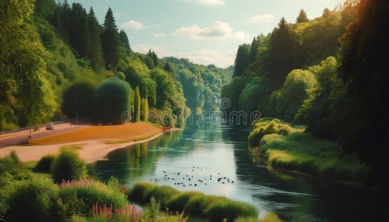 Idyllic Riverside Path through Lush Forest Stock Photo - Image of ...