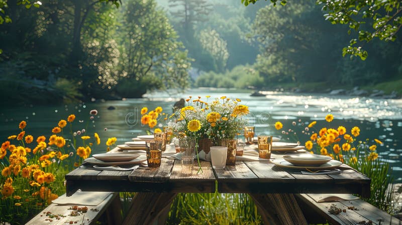An Idyllic Riverside Picnic Table Adorned with Plates, Glasses, and ...
