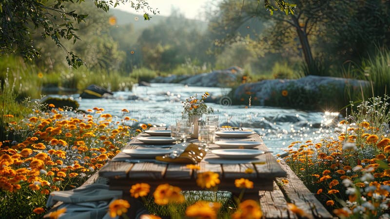 An Idyllic Riverside Picnic Table Adorned with Plates, Glasses, and ...