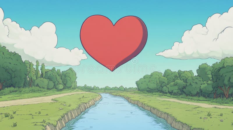 Idyllic Romantic Landscape with Floating Heart Illustration Stock Image ...
