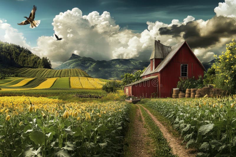 Idyllic Rural Landscape Featuring a Red Barn and Vibrant Fields Under a ...