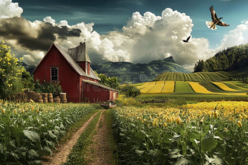 Idyllic Rural Landscape Featuring a Red Barn and Vibrant Fields Under a ...