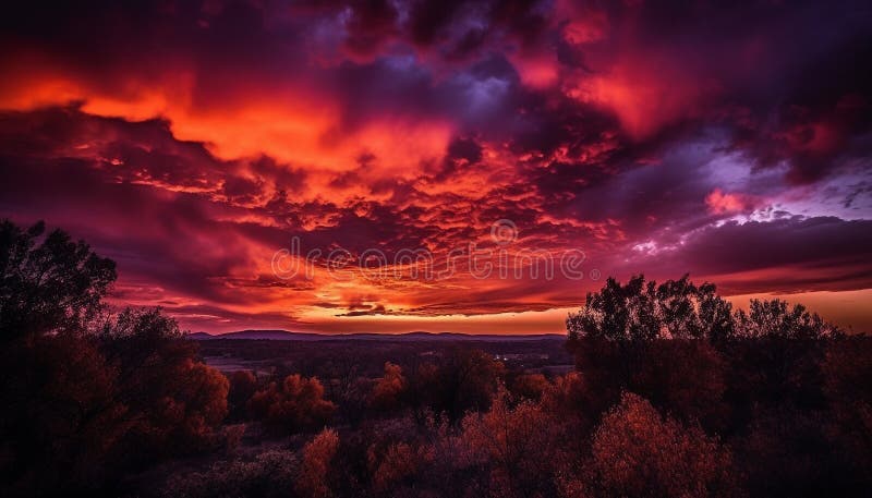 Idyllic Rural Scene with Vibrant Sunset Sky Over Forest Landscape ...